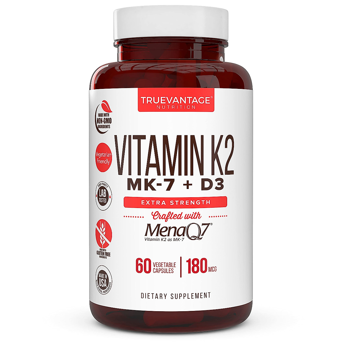 Vitamin K2 D3 Supplement 5000 IU D3 and 180 mcg Vitamin k2 MK7 Supplement for Healthy Bones, Healthy Heart & Cardiovascular Health-60 Easy to Swallow Vegetable caps of MenaQ7 K2 MK7