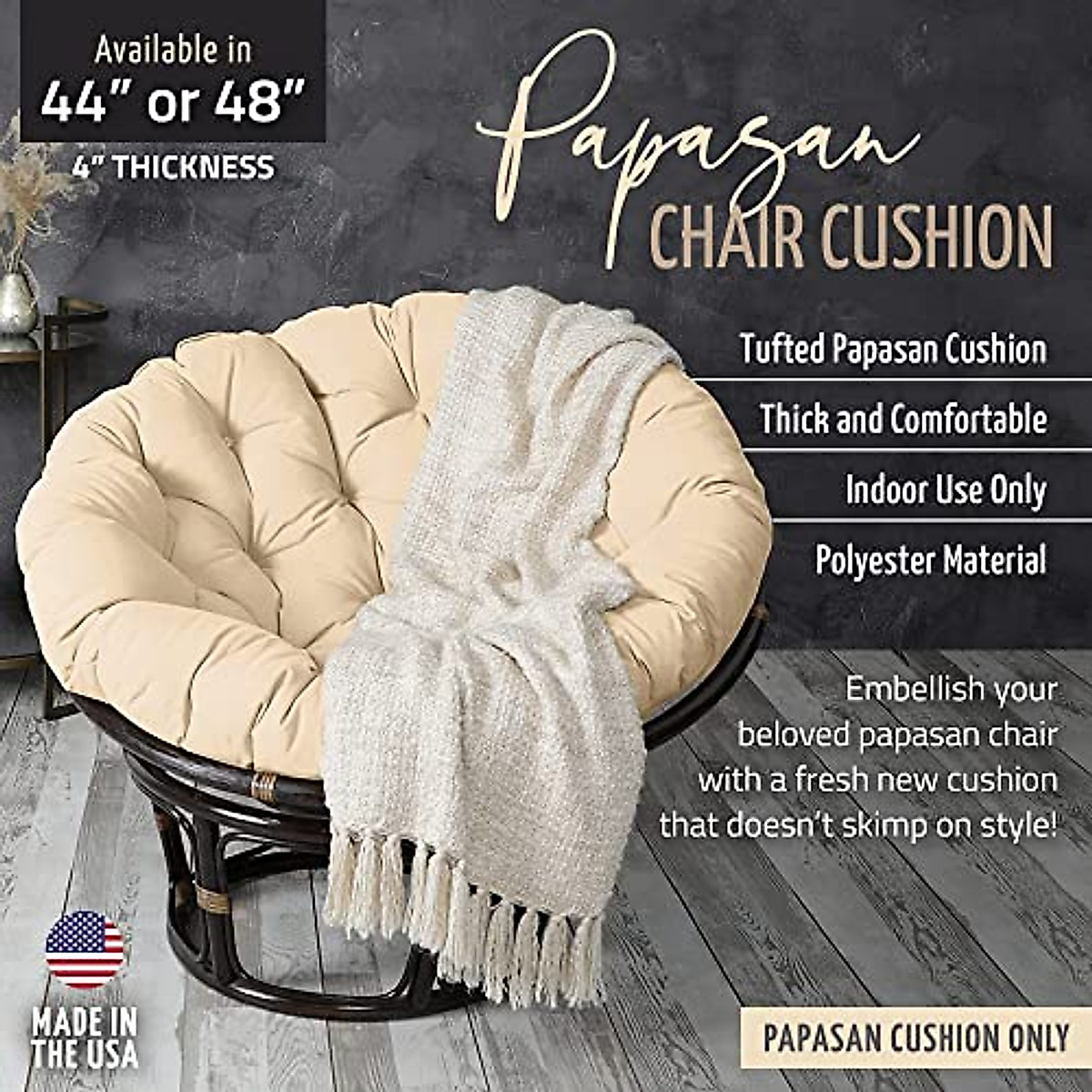 Sorra Home Papasan Cushion, 44" x 44" x 4", Canvas Granite