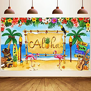 TREWAVE Large Hawaiian Aloha Party Decoration, Tropical Luau Party Backdrop, Summer Beach Photography Background, Hawaiian Party Baby Shower Tiki Themed Birthday Banner Wall Decor, 72.8 x 43.3 Inch
