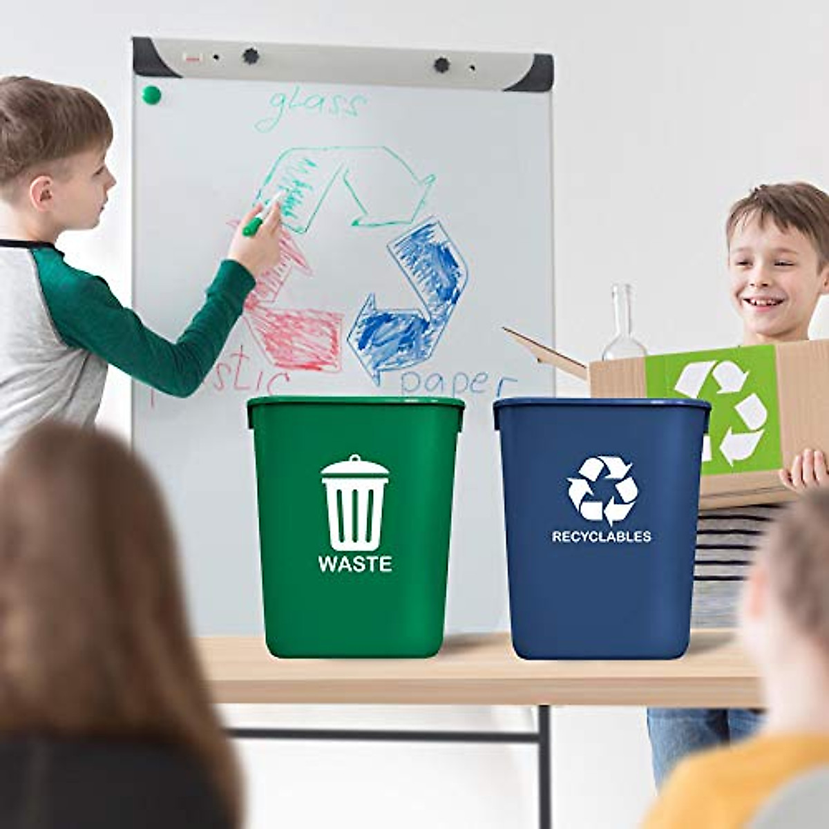 Acrimet Wastebasket Bin for Recycling and Waste 27QT (Plastic) (Green and Blue) (Set of 2)