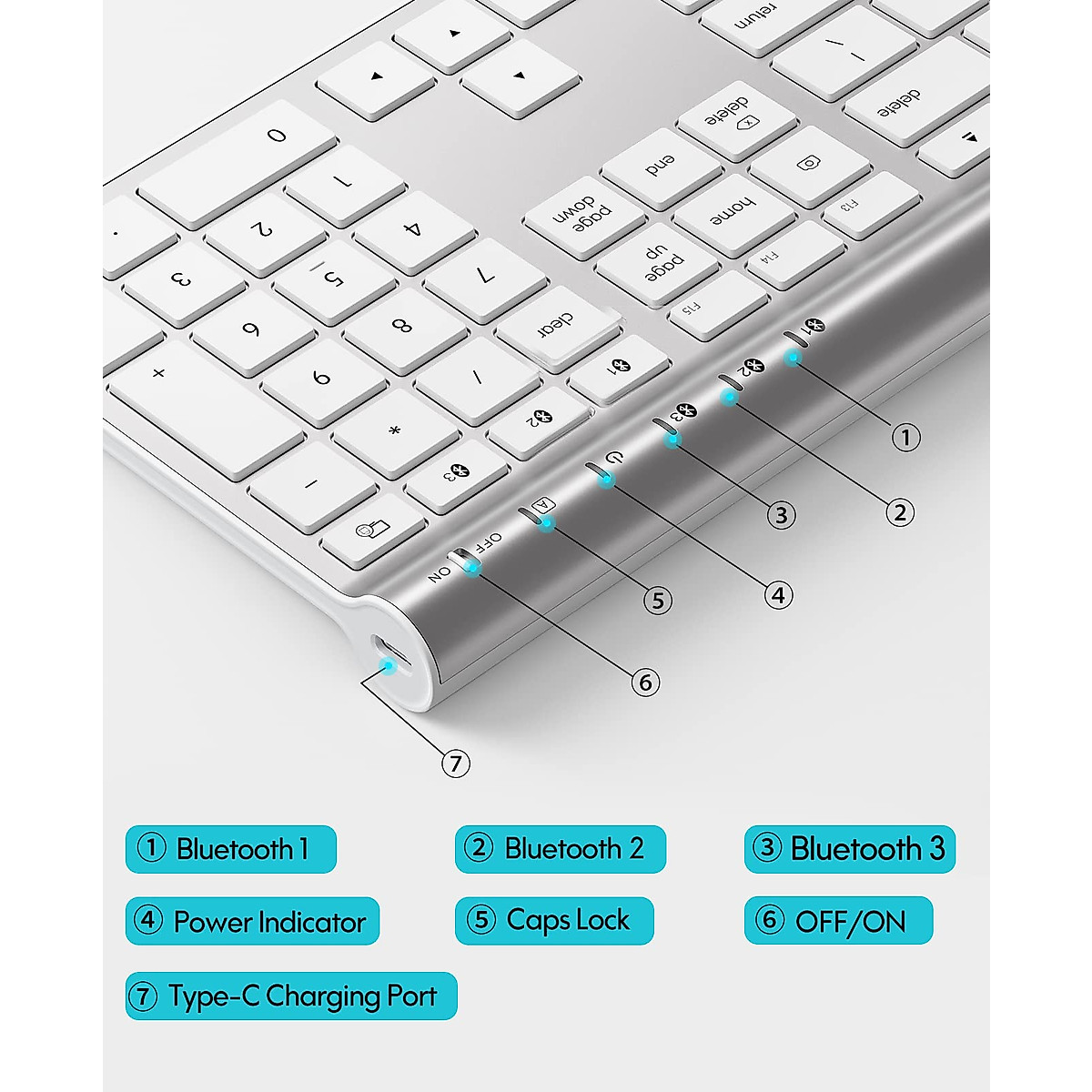 CHESONA Wireless Bluetooth Keyboard, Bluetooth/Wired Dual-Mode Keyboard for MacBook Air/Pro/iMac, Ultra-Slim Rechargeable, Silent Full-Size Keyboard for MacOS/iPadOS/iPhone OS,Silver White