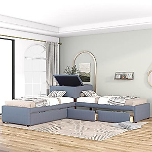 Merax L-Shaped Platform Bed with Trundle and Two Drawers Linked with Built-in Desk, Twin, Grey (Upholstered)