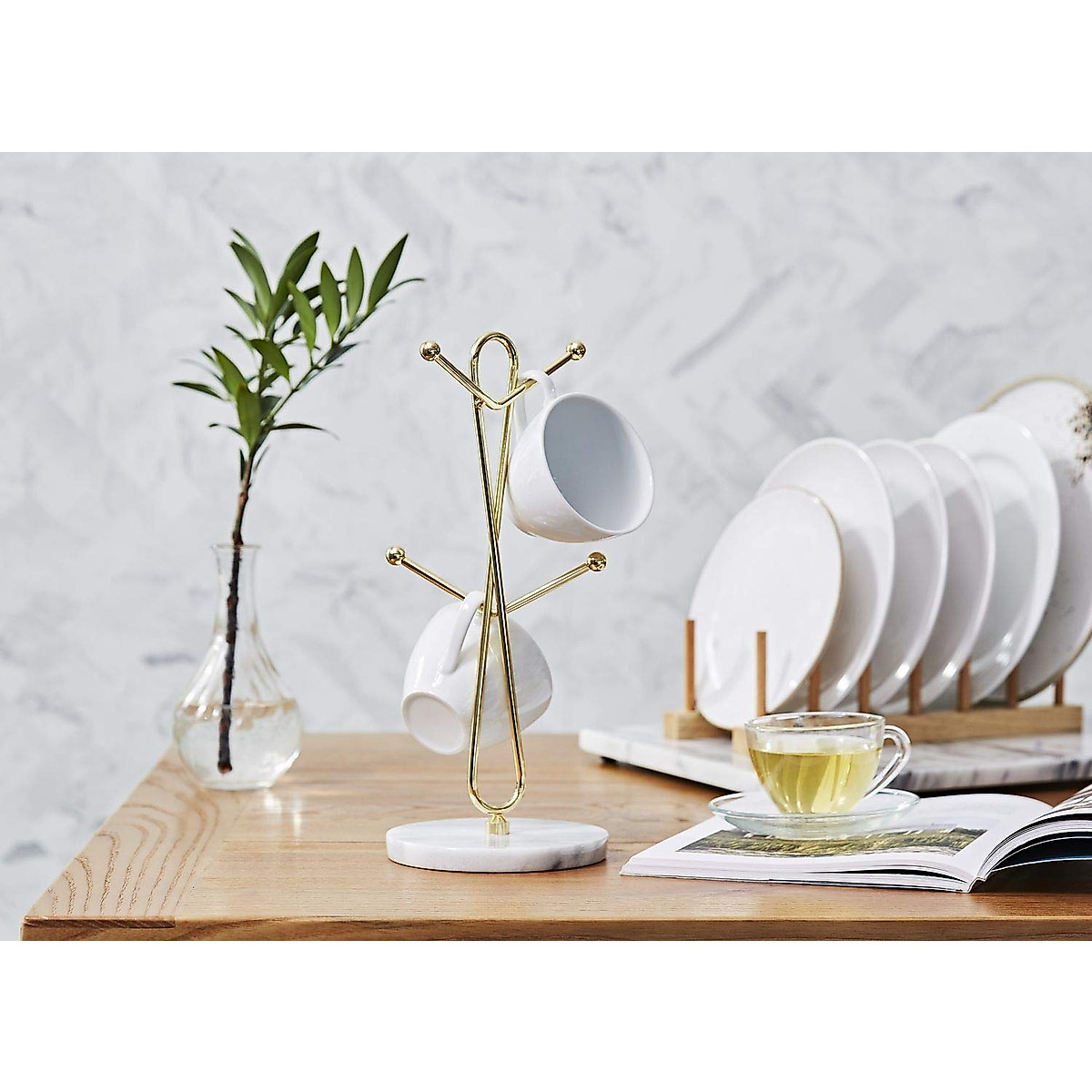 JEmarble Mug Holders with Copper Plated Standing(White) Countertop Mug Tree, Coffee Mugs & Tea Cup Storage Rack, Coffee Counter Bar Accessory & Kitchen Organizer