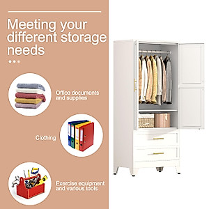 PAOFIN White 71" Metal Armoire Wardrobe Closet, Bedroom Clothing Storage Cabinet with 2 Drawers and Hanging Rod, Freestanding Armoire Cabinet with Adjustable Shelves