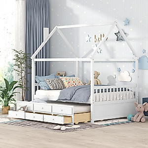 Harper & Bright Designs Full House Bed with Trundle and 3 Storage Drawers, Full Captain's Beds Wooden Storage Daybed Frame for Kids Teens Boys Girls (Full Size, White)