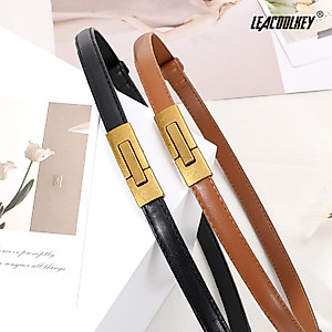LEACOOLKEY 2 Pack Women Skinny Leather Belts Ladies Vintage Gold Buckle Thin Waist Belts for Dresses Black+Brown