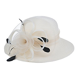 DANTIYA Lady Derby Dress Church Bow Bucket Wedding Bowler Hats Wide Brim Beach UPF Protection Cap (Beige, Free)