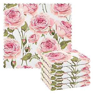 SUABO Pink Rose Flower Floral Kitchen Dishcloths, 6 Pack Dish Towels Quick Drying Tea Towels Absorbent Cleaning Towels Tableware Towel for Kitchen Bathroom