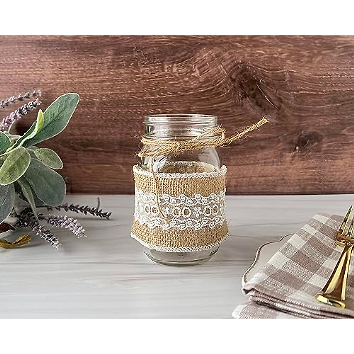 Set of 12 Burlap and Lace Sleeves for Mason Jars, Sleeves and Twine ONLY, Jars NOT Included, Burlap Mason Jar Wraps, Country Chic Wedding Centerpiece Decor for Tables, Mason Jar Centerpiece