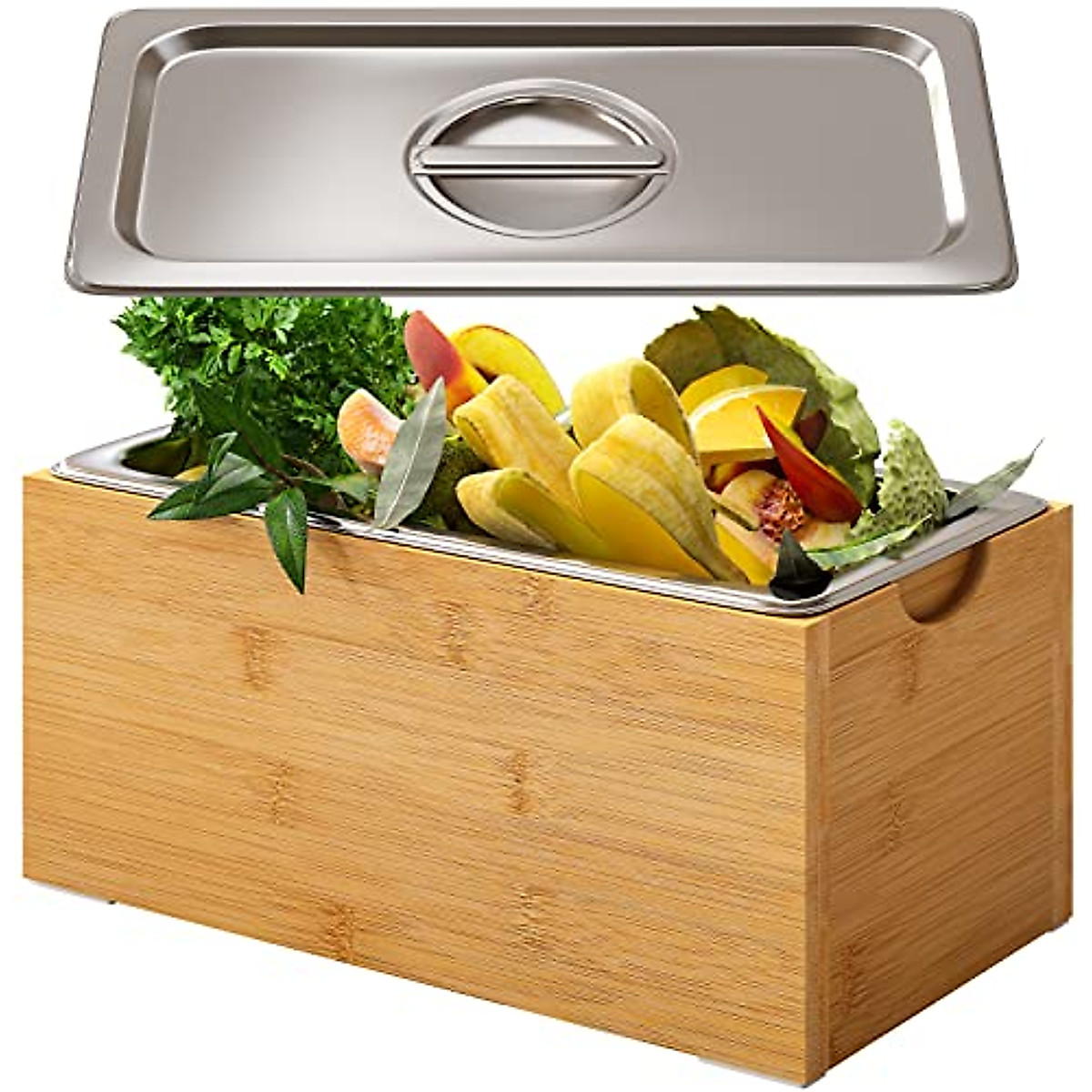 Compost Bin Kitchen, 1.6 Gal-Kitchen Compost Bin Countertop, Rust Proof Stainless Steel Insert, Countertop Compost Bin with Lid, and Bamboo Wood Box- Large Compost Bin Kitchen