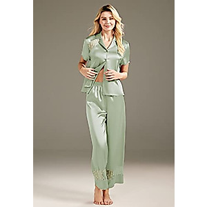 AW BRIDAL 2Pcs Sexy Womens Pajama Sets - Short Sleeve Silk Pajamas Long Pj Pants With Lace, Button Up Pajamas For Women, Sage Green, S| Clever Bridal Shower Gifts Bachelorette Gifts For Bride Pajamas