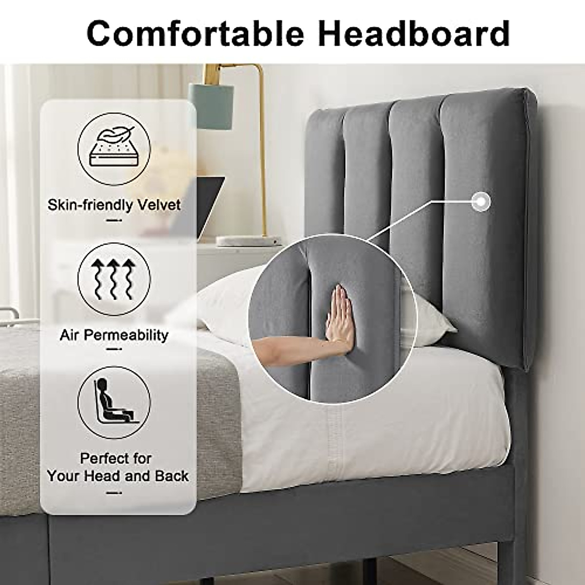 VECELO Twin Bed Frame with Upholstered Headboard, Platform Mattress Foundation with Strong Wooden Slats Support, No Boxing Spring Needed, Easy Assembly, Grey