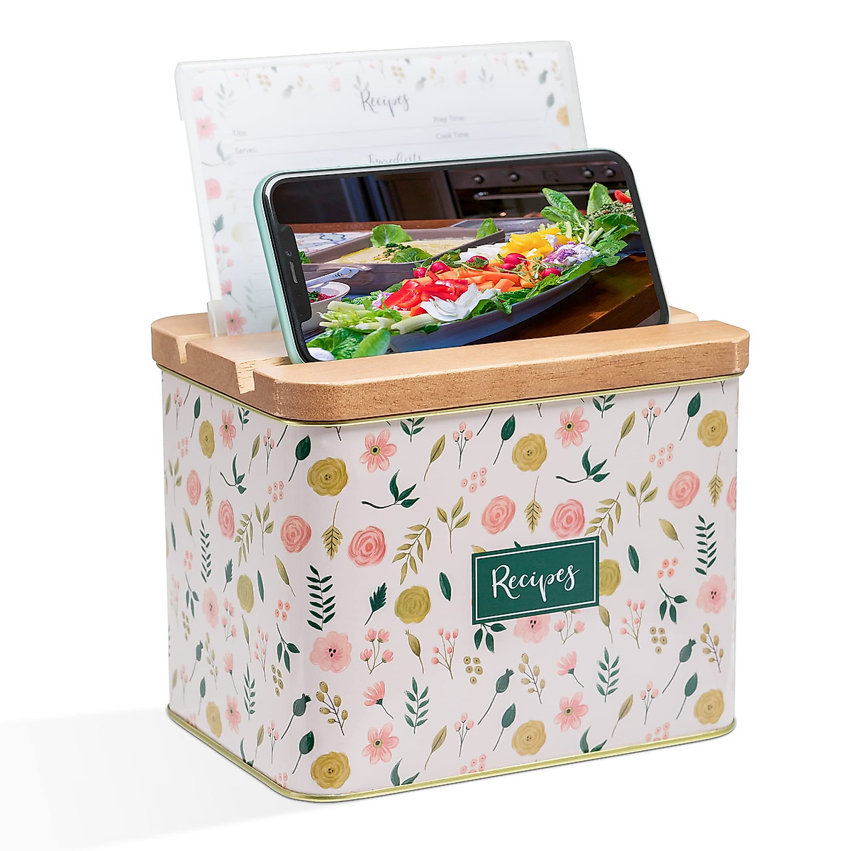 Cabbrix Recipe Box with Cards and Dividers, recipe cards and box set, Wooden Lid with Phone Holder and Card Holder, Decorative Recipe Tin with Gift Box (Pink)