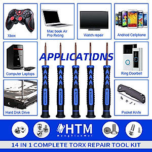 HengTianMei 14 in 1 S2 Steel Torx Screwdriver Set with T1 T2 T3 T4 T5 T6 T7 T8 T9 T10 Security Torx Bit & ESD Tweezers, Magnetic Screwdrivers Precision Repair Kit for Xbox, PS4, Macbook, Computer