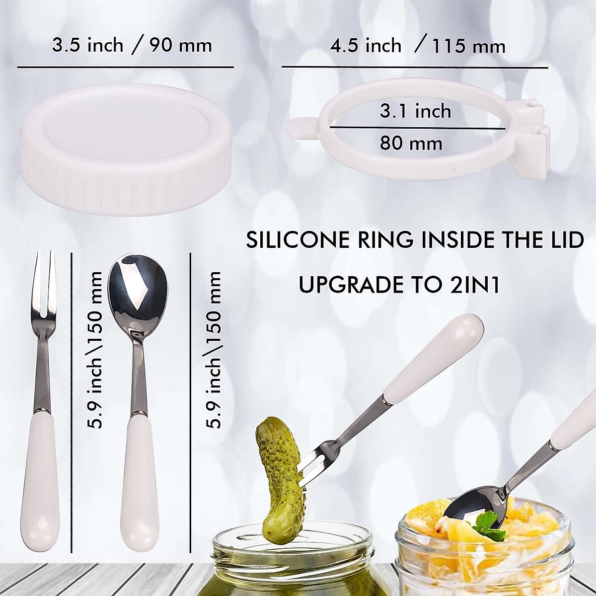 Overnight Oatmeal Lid，Overnight Oats Containers 4 piece set，Pickle Fork ，spoon，Suitable for mason jars and overnight oats jars(black White，Jars not Included)
