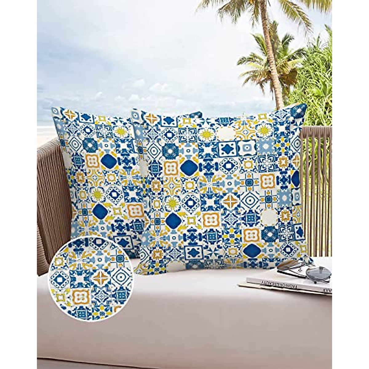 Pillow Covers 20x20in Waterproof Throw Pillows for Couch, Blue Mosaic Throw Pillow Covers, Pack of 2 Decorative Pillows Cushion Case for Bed Sofa, Outdoor Pillows for Patio Furniture