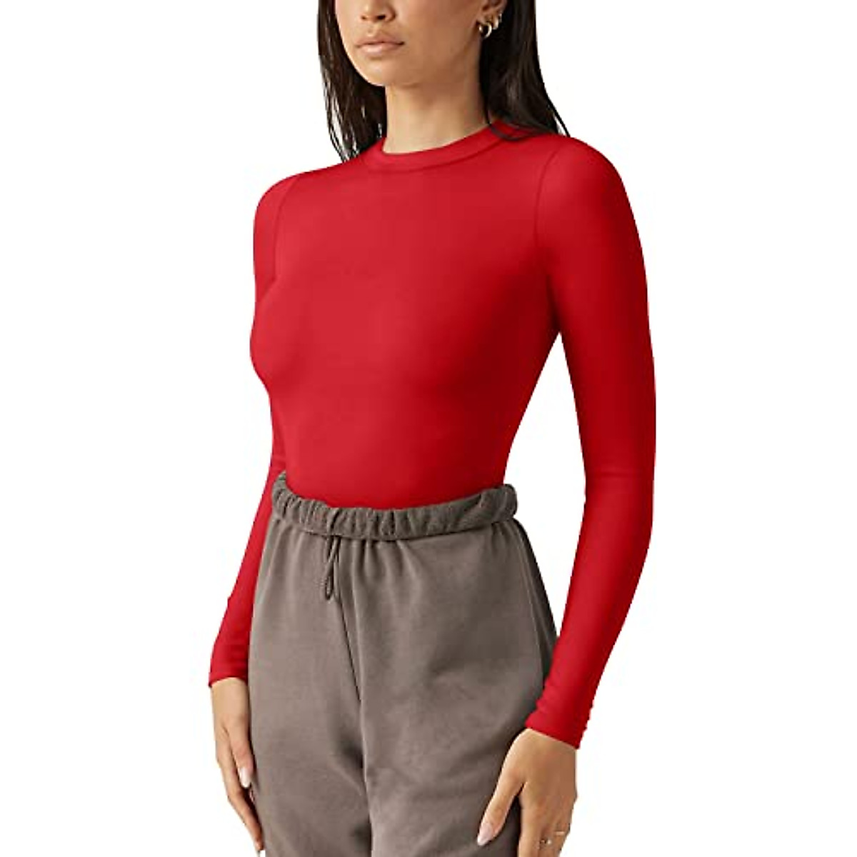 REORIA Women's Fall Fashion Crew Neck Double Lined Long Sleeve One Piece Fitted Tight T Shirts Leotards Bodysuits Tops For Going Ou Red Medium