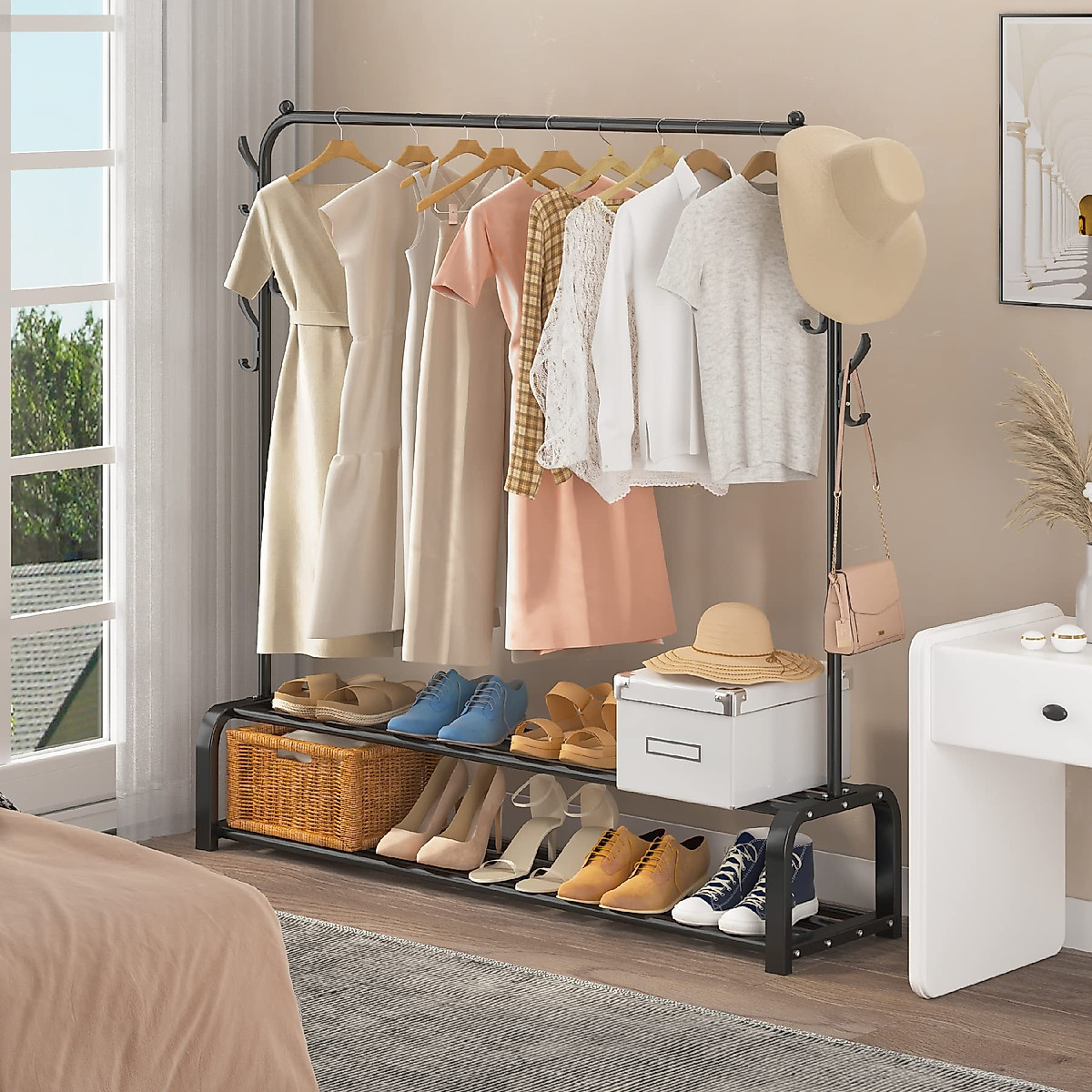 UDEAR Garment Rack Free-standing Clothes Rack with Top Rod,Lower Storage and 6 Hooks,Black
