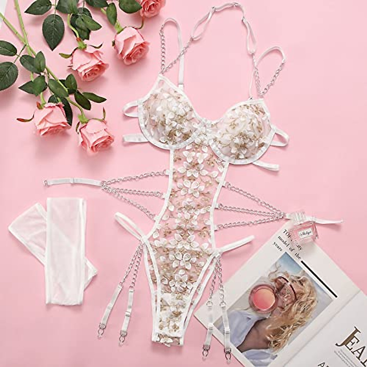 Sexy Plus Size Panties, Lingerie For Women Naughty Bra Teddy Lingerie Hot Women's Lingerie Mesh Lace Embroidered Lingerie One-Piece Set With Underwire Pajamas Lengerie Babydoll (S, White)