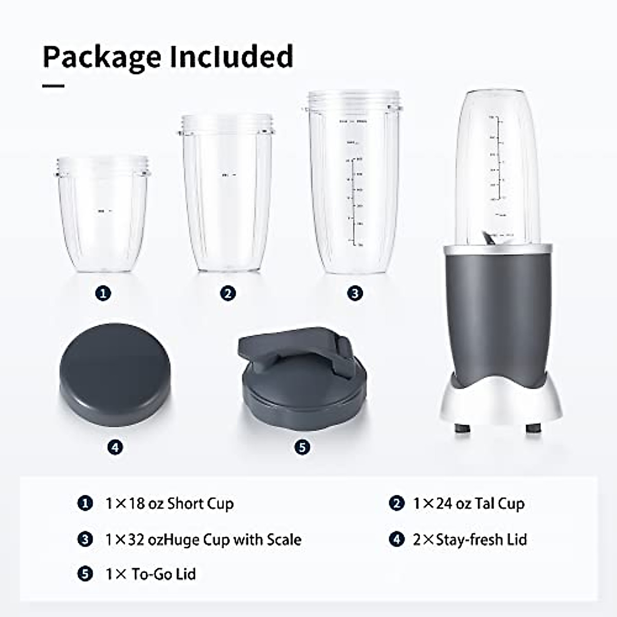 Replacement Cups Kit 18oz Short Cup 24oz Tall Cup 32oz Colossal Cup with Flip-Top To-Go Lid and Stay-Fresh Resealable Lid Compatible with NutriBullet 600w and Pro 900w Blenders
