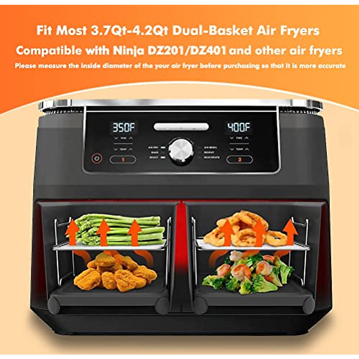 Dual Basket Air Fryer Accessories, Set of 10 Fit for Ninja Dual Air Fryer DZ201, DZ401 & Most 8 Quart - 10 Quart and Larger Dual Zone Air Fryer, Include Cake Pizza Pan, Rack & Skewer, Paper Liner, etc