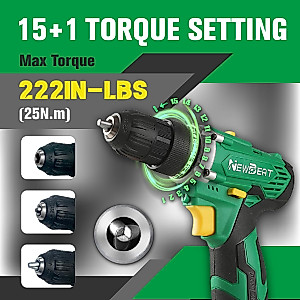 NEWBEAT Cordless Drill Set, 12V Power Drill Driver with 1 Battery and Charger, 3/8" Keyless Chuck, 2 Variable Speed, 15+1 Torque Setting Electric Drill, Drill Driver Kit for Home and DIY Project