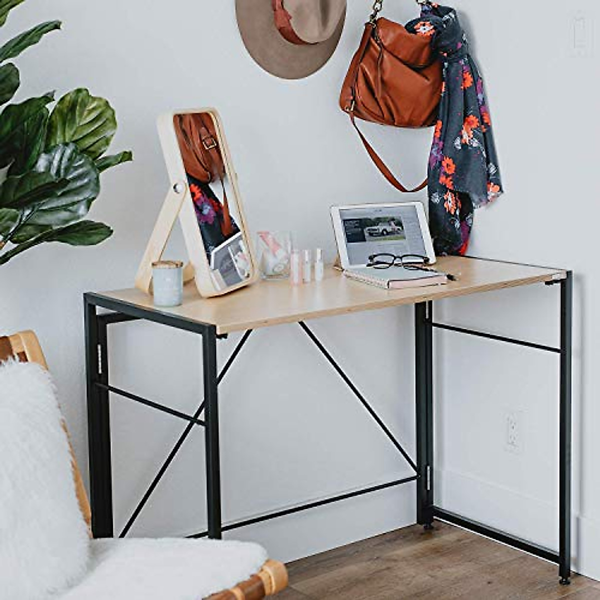 SOFSYS Modern Folding Computer Writing Desk for Small Space, Gaming, and Home Office Organization, Foldable Industrial Metal Frame with Sturdy Desktop for Students or Small Business, Oak/Black