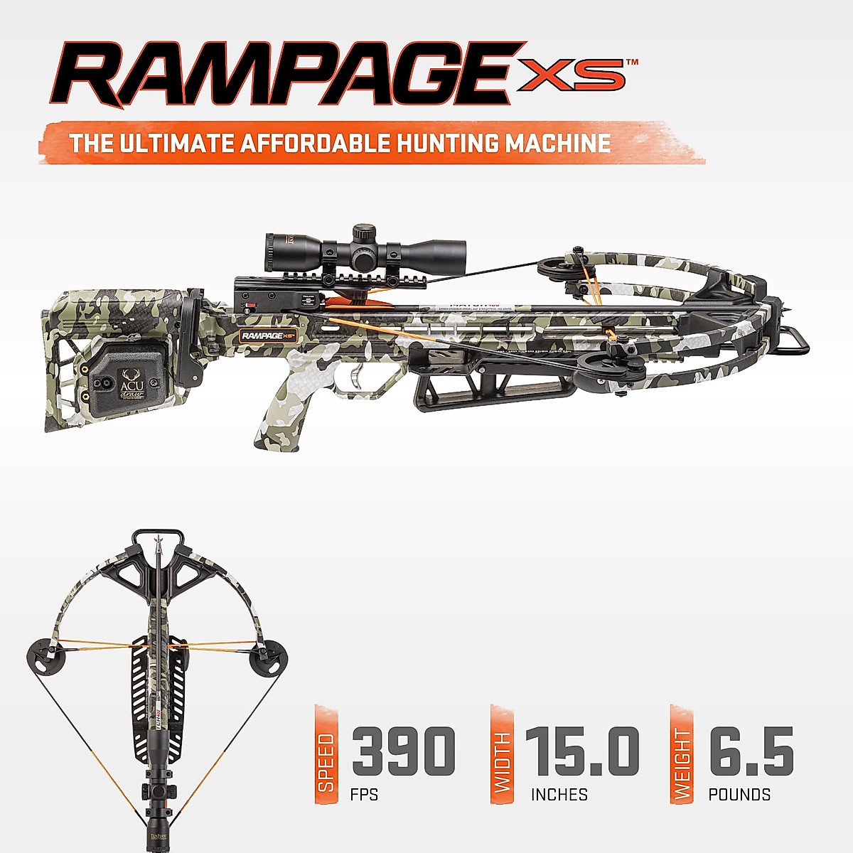 Wicked Ridge by TenPoint Rampage XS Crossbow, Peak XT - 390 FPS - The Ultimate Affordable Hunting Machine - Includes Lighted 3X Pro-View Scope, ACUdraw & Three Match 400 Carbon Alpha-Nock Arrows