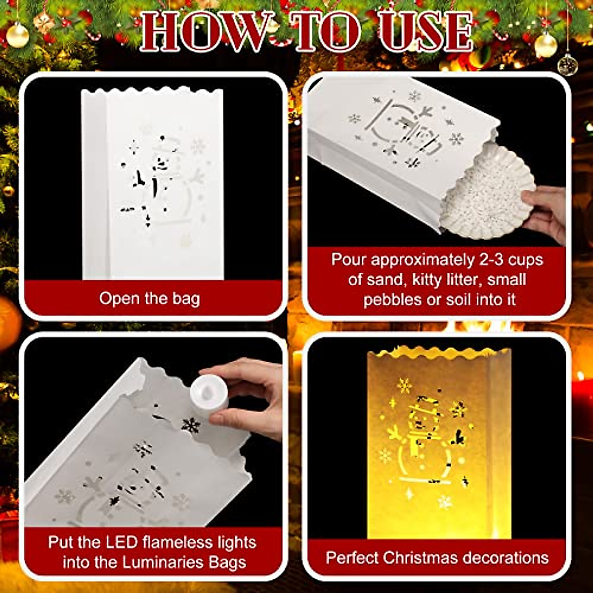 54 Pieces Christmas Luminaries Bags Flame Resistant Candle Bags Christmas Tree Design Luminary Lantern Bags Different Designs for Christmas Halloween Thanksgiving Outdoor Party (Snowman Elk Tree)