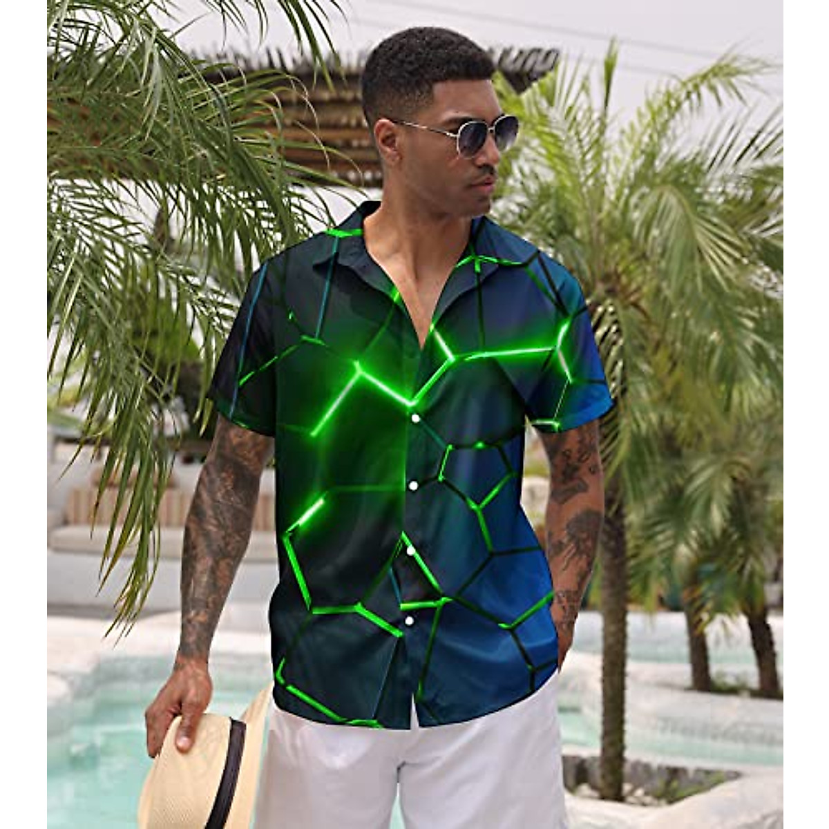 ALISISTER Men Shirt Flash Lava 3D Graphic Hawaiian Tropical Aloha Slimming Fit Tops Short Sleeve Button Down Collar Summer Beach Clothing