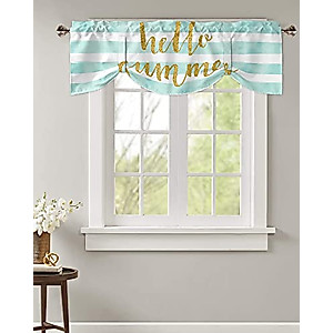 Tie-up Valances for Windows HELLO SUMMER Gold Round Spots on Blue and White Stripes Kitchen Window Curtains Adjustable Farmhouse Valance Curtains for Bedroom Living Room Bathroom 42x12in, 1 Panel