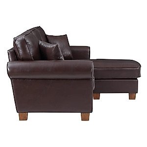 OSP Home Furnishings Rylee Reversible Rolled Arm Sectional Sofa with 2 Pillows and Coffee Finished Legs, Cocoa Faux Leather