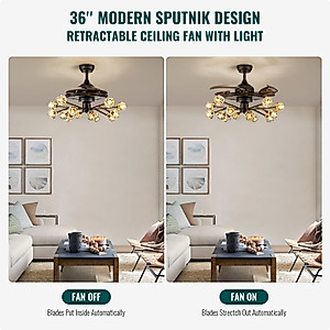 Siljoy 15-Light Vintage Ceiling Fan with Light, Black Sputnik Crystal Chandelier Fan with Remote, Retractable Fandelier with Invisible Blades for Dining Room Living Room Bedroom 36 Inch