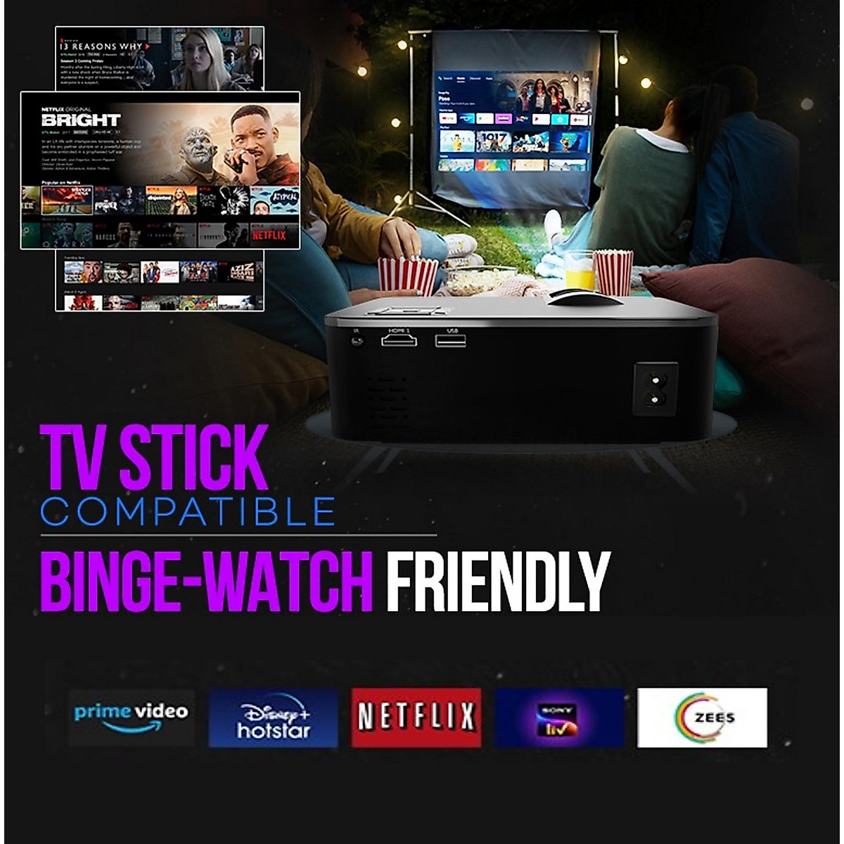 Egate Bluetooth Projector, Full HD 1080p Native with 4k TV stick support, 300 ANSI, 210" Max Screen Size | Inbuilt Speaker | AV, VGA, HDMI, SD Card, USB, Audio Out | (i9 Pro-Max, Black)