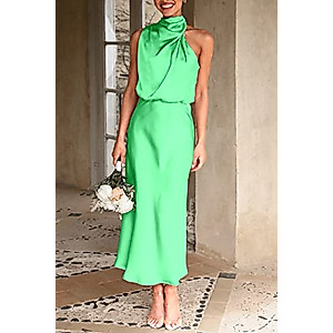 PRETTYGARDEN Women's 2023 Summer Satin Dress Elegant Sleeveless Mock Neck Cocktail Party Maxi Dresses (Grass Green,Small)