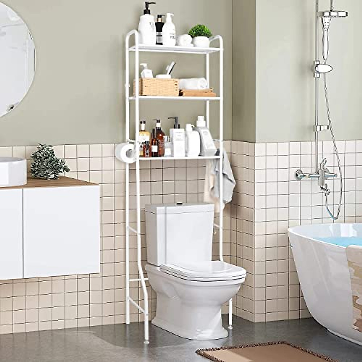 BHFOW Toilet Storage Rack, 3-Tier Over-The-Toilet Bathroom Spacesaver, Bathroom Shelf Organizer, Freestanding Above Toilet Rack with Hooks (White)