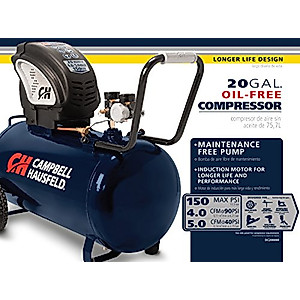 Air Compressor, Portable, Horizontal, 20 Gallon, Oil-Free, 4 CFM @ 90 PSI, 150 PSI (Campbell Hausfeld DC200000),Blue