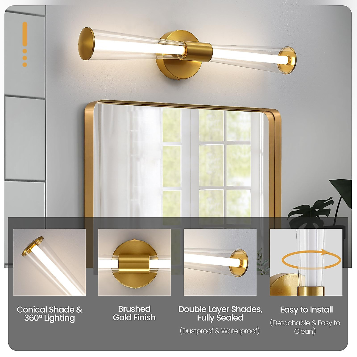 KAISITE Gold Bathroom Light Fixture - Modern Bathroom Vanity Light Dimmable LED Bathroom Sconce Wall Lighting Fixture with Double Layer Shades 13W 4000K 23inch Bath Vanity Light Bar over Mirror