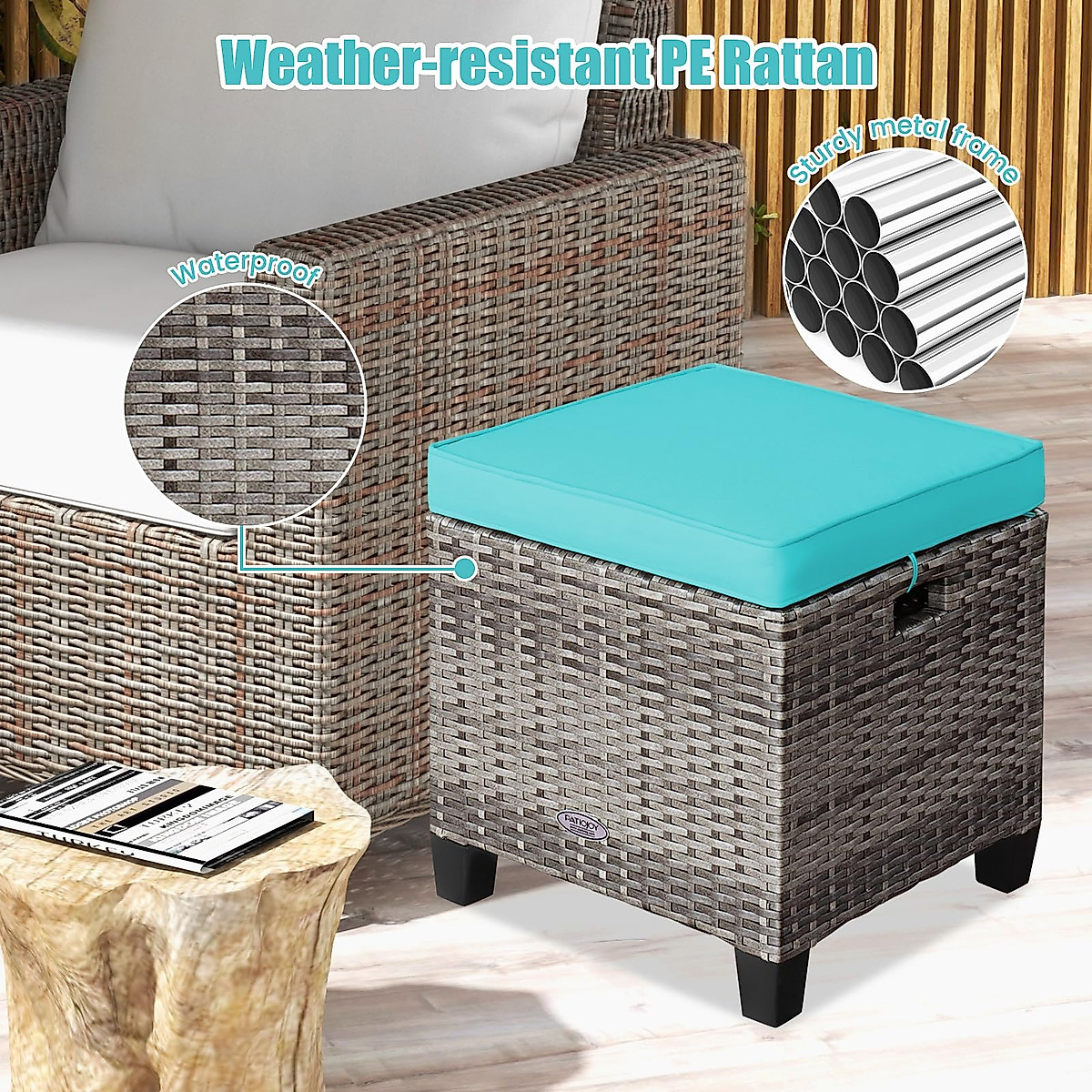 ORALNER Set of 2 Outdoor Ottoman, 16” Wicker Foot Stools, All-Weather Rattan Cube Footstool w/Removable Cushions, Square Footrest Extra Seating for Patio, Porch, Deck, Easy Assembly (Turquoise)