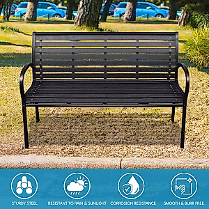 FunMay Patio Bench, Black Steel and WPC, Durable Outdoor Seating