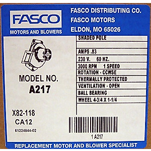 Fasco A217 3.3" Frame Shaded Pole OEM Replacement Specific Purpose Blower with Ball Bearing, 1/16HP, 3000rpm, 230V, 60Hz, 0.83 amps