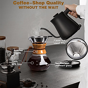 COFISUKI Pour Over Coffee Maker with Reusable Stainless Steel Drip Filter, Lead-Free Borosilicate Glass Coffee Carafe with Modern Wooden Collar for 1-2Cup, Diamond Clear (400ml/13.5oz)