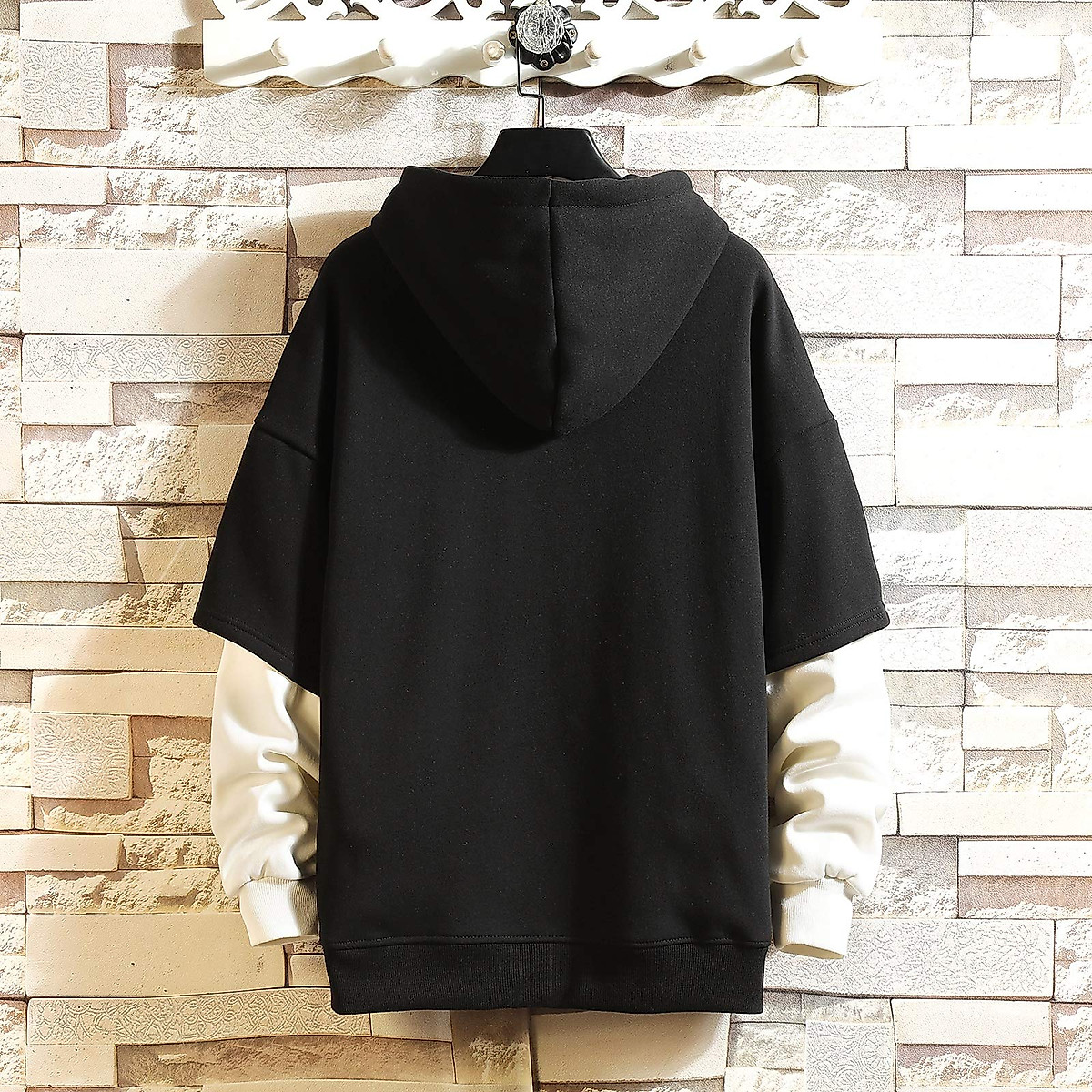 GURUNVANI Fashion Hoodies Men's Color Block Pullover O-Neck Hooded Sweatshirt Patchwork Black