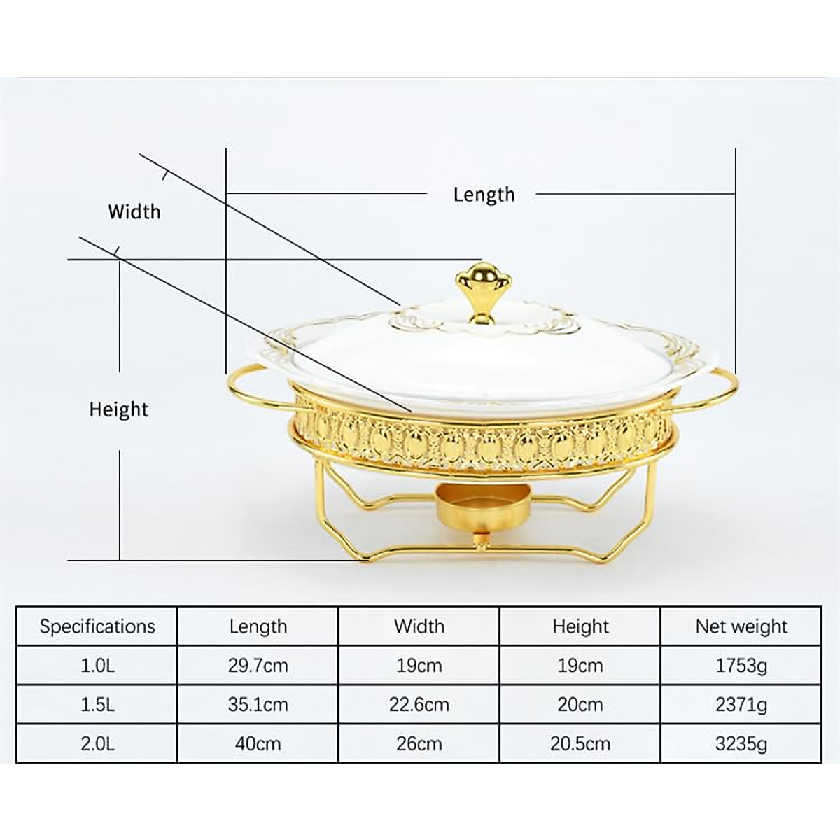 HONHPD 3 Piece Set Ceramics Oval Chafing Dish 1.0/1.5/2.0L Luxury an Crown Gold Food Warmer Set for Buffet Weddings, Parties, Banquets, Catering Events, Golden