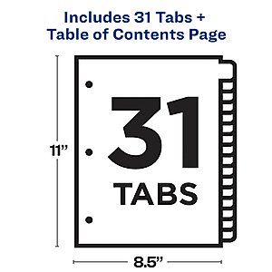 Avery 31-Tab Dividers for 3 Ring Binders, Customizable Table of Contents, Multicolor Tabs, 12 Sets (11129)