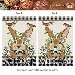 CROWNED BEAUTY Easter Bunny Garden Flag Floral 12x18 Inch Double Sided for Outside Burlap Small Buffalo Plaid Birds Welcome Yard Holiday Flag CF717-12
