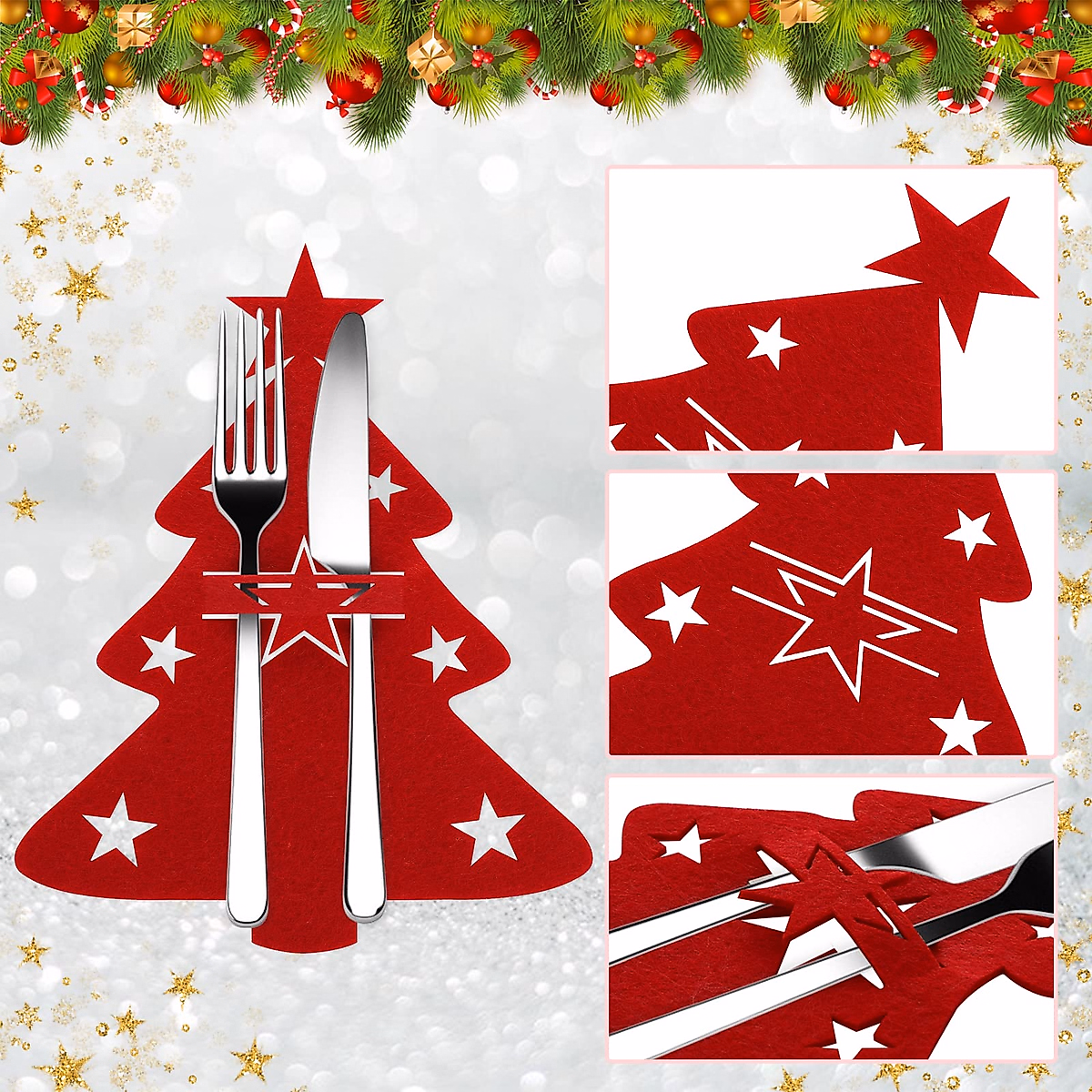 Molain Christmas Tree Cutlery Holders, 8pcs Christmas Cutlery Holders, Christmas Silverware Holders Set, Xmas Table Decorations, Pockets Knifes Forks Tableware Bags Dinnerware for Party Home Decor