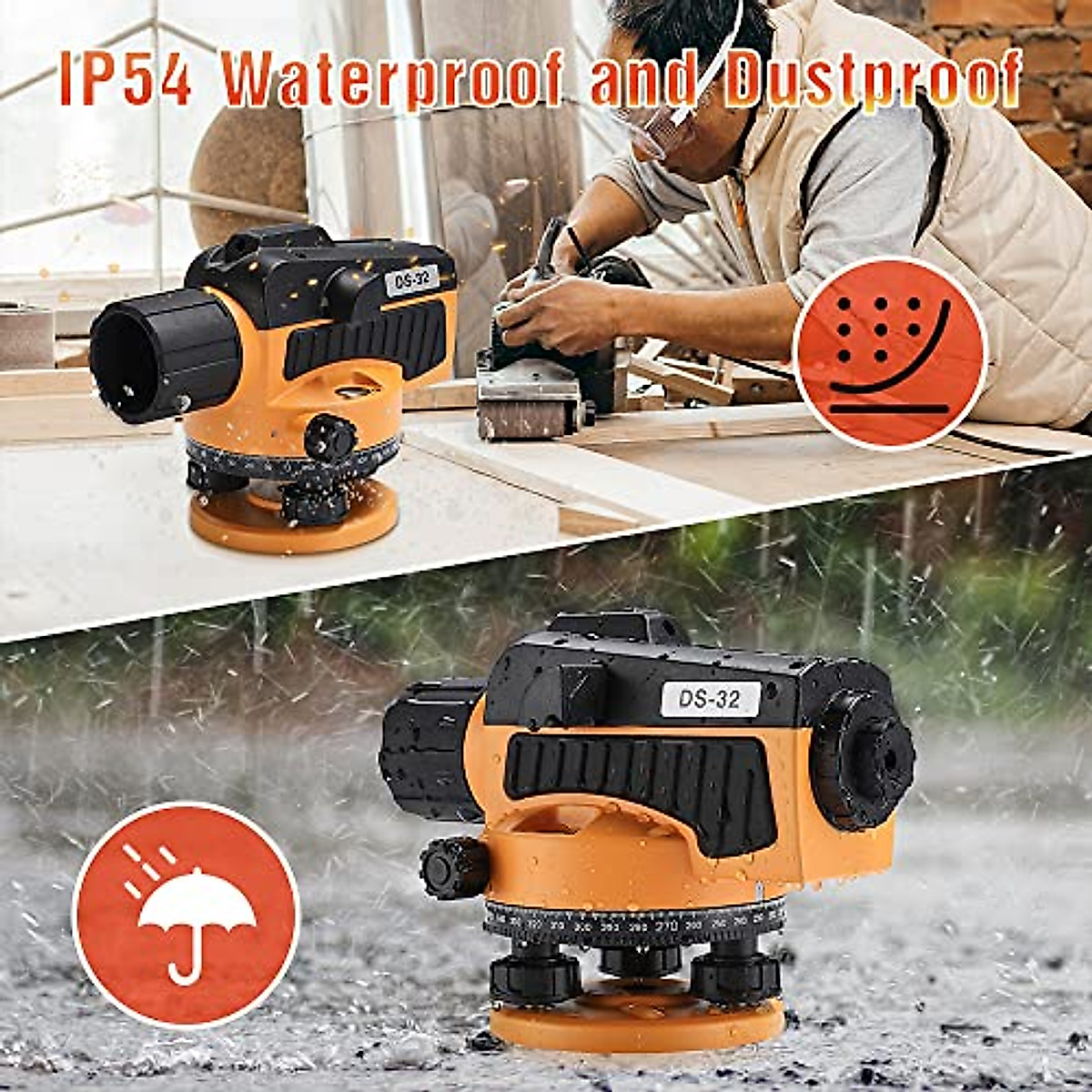 Aihand 32x Automatic Optical Level with Self-Leveling Magnetic Dampened Compensator, Height/Distance/Angle Measurement Level Tool for Builders, IP54 Waterproof Metal Level