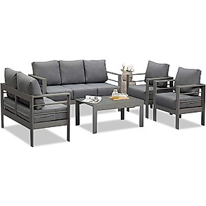 Wisteria Lane Aluminum Outdoor Patio Furniture Set, Modern Patio Conversation Sets, Outdoor Sectional Metal Sofa with 5 Inch Cushion and Coffee Table for Balcony, Garden, Dark Grey
