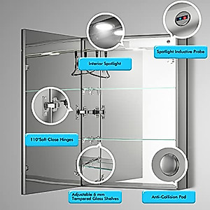 Medicine Cabinet with Lights and Mirror, LED Medicine Cabinet for Bathroom, with Defogger, Dimmer, Clock and Temper Display, Memory Function, 20''X28'', Surface Mounted, Stainless Steel, Left Hinges